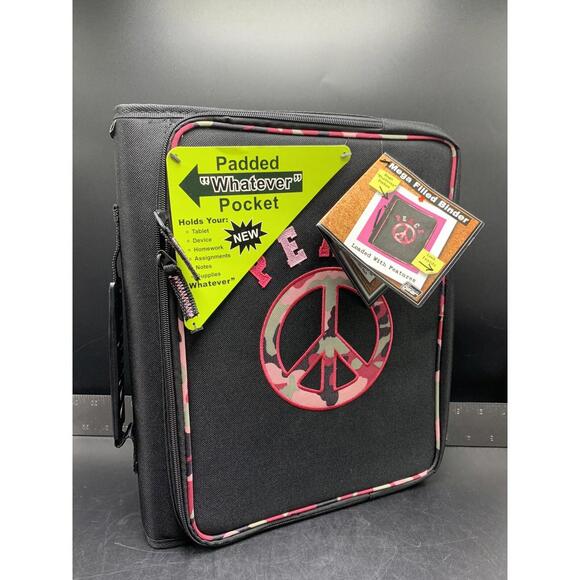 Office | Tech Gear Pink Black 3 Ring Binder Camo Peace Sign Zipper ...